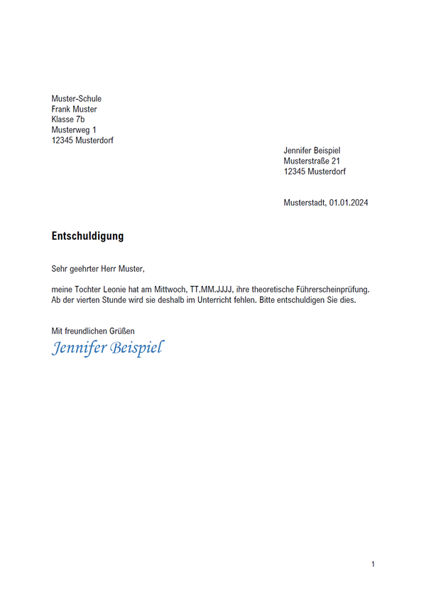 Entschuldigung Schule wegen Theorieprüfung: Vorlagen & Muster - Blocomo